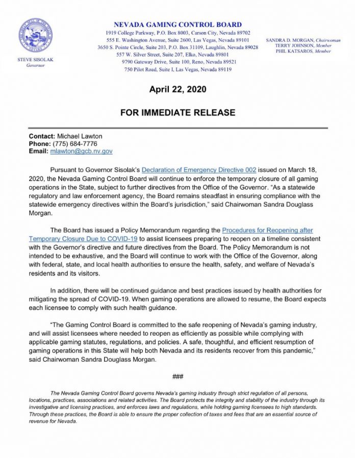 Nevada Gaming Control Board: Press Release Enforcement of Health and ...