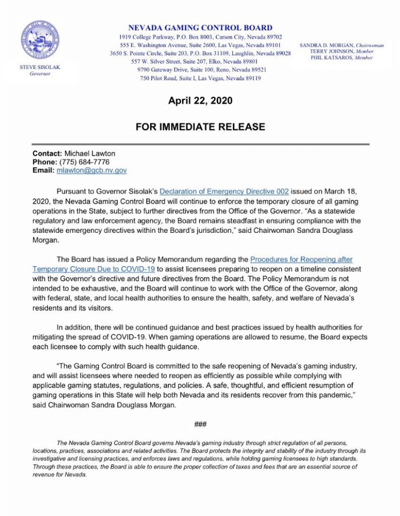 Nevada Gaming Control Board: Press Release Enforcement of Health and ...